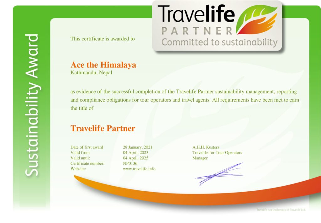Ace the Himalaya receives Prestigious Travelife Partner Sustainability ...